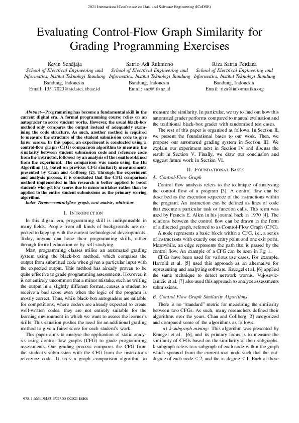 Pdf Evaluating Control Flow Graph Similarity For Grading Programming Exercises