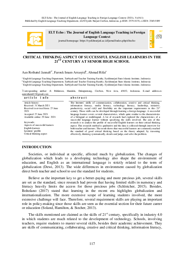 (PDF) Critical Thinking Aspect of Successful English Learners in the ...