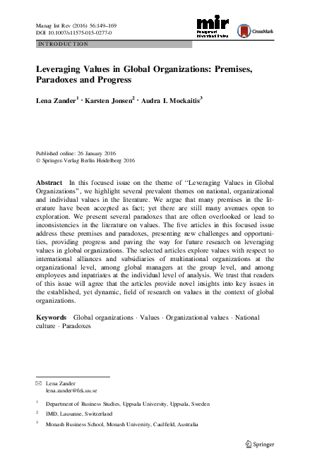 (PDF) Leveraging Values in Global Organizations: Premises, Paradoxes ...