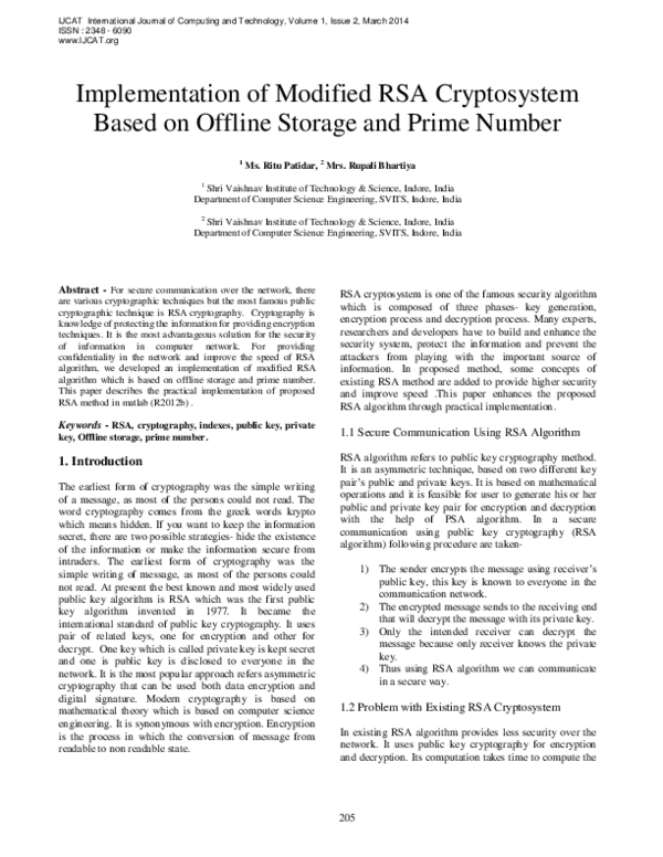 (PDF) Implementation of Modified RSA Cryptosystem Based on Offline Storage and Prime Number
