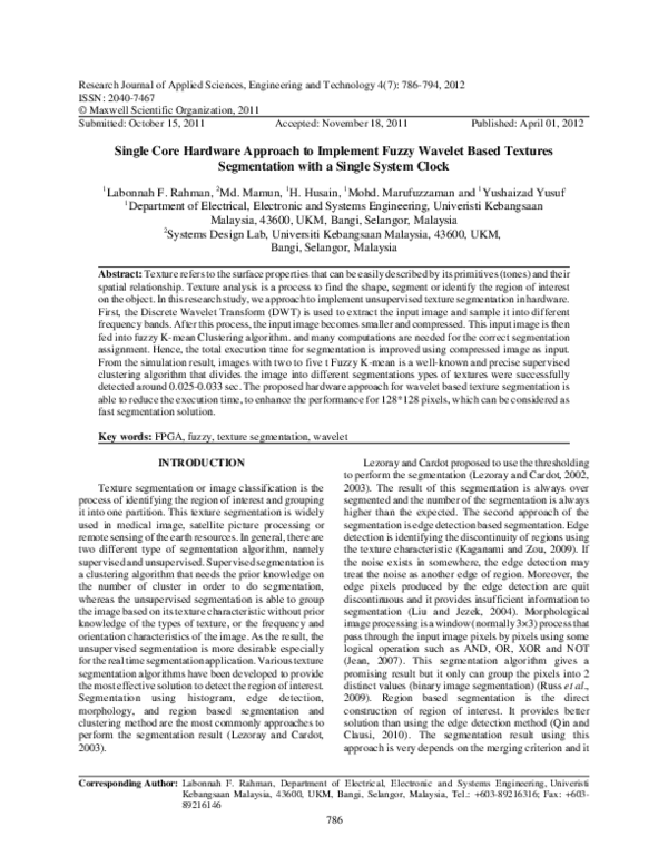 (PDF) Single Core Hardware Approach to Implement Fuzzy Wavelet Based Textures Segmentation with ...