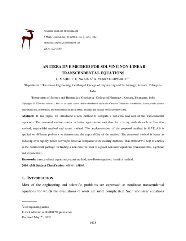Pdf An Iterative Method For Solving Non Linear Transcendental Equations