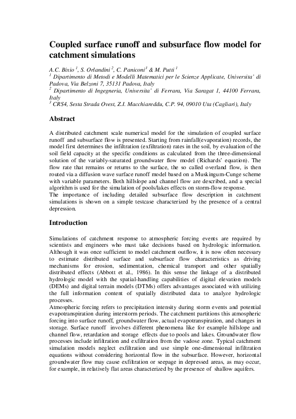(PDF) Coupled surface runoff and subsurface flow model for catchment simulations