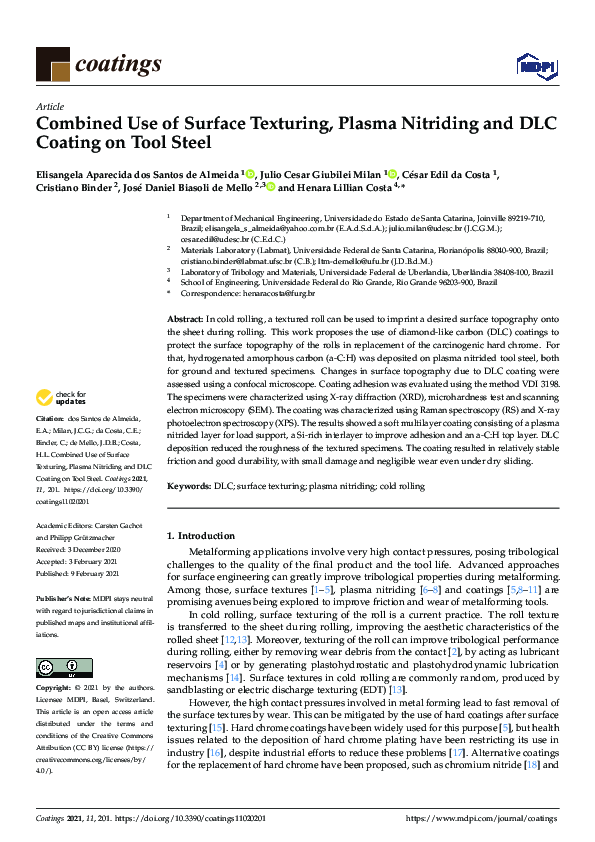 (PDF) Combined Use of Surface Texturing, Plasma Nitriding and DLC Coating on Tool Steel