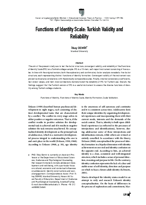 (PDF) Functions of Identity Scale: Turkish Validity and Reliability