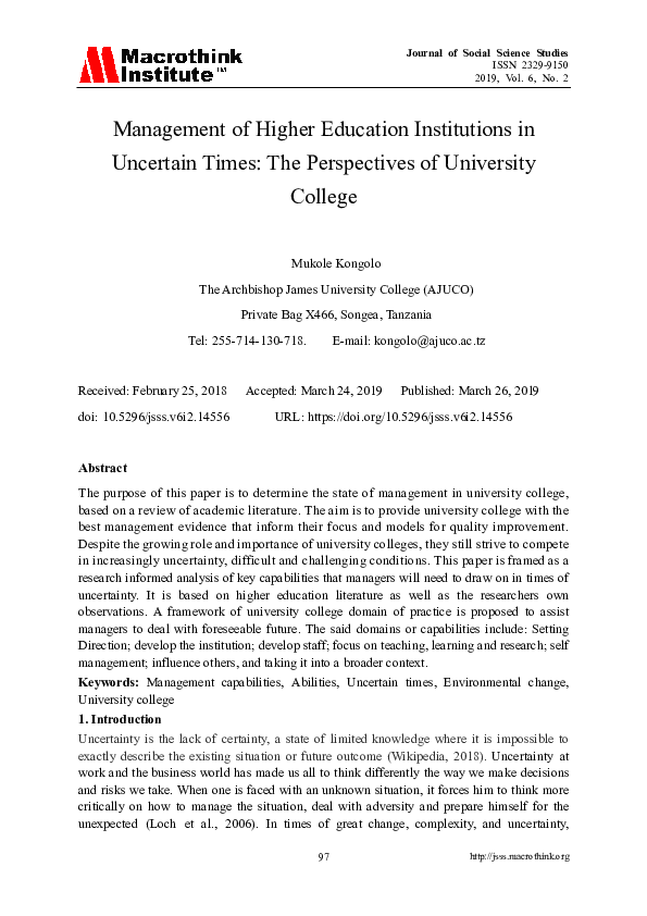 (PDF) Management of higher education institutions: issues and challenges