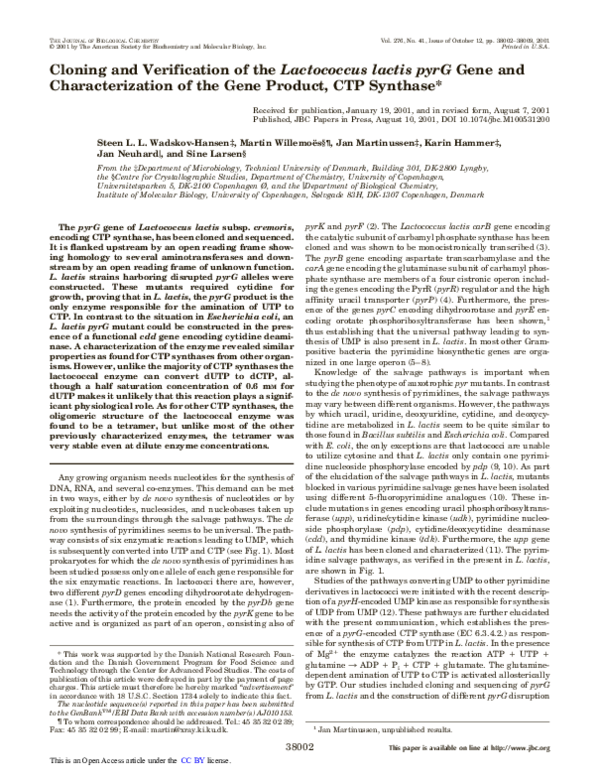 (PDF) Cloning and verification of the Lactococcus lactis pyrG gene and characterization of the ...