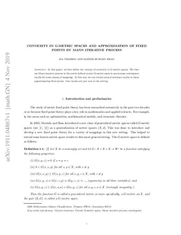 (PDF) Convexity in G-metric spaces and approximation of fixed points by Mann iterative proces