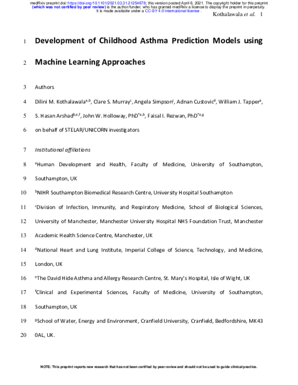 (PDF) Development of Childhood Asthma Prediction Models using Machine ...