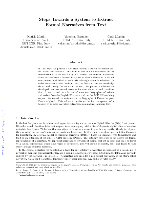 (PDF) Steps Towards a System to Extract Formal Narratives from Text