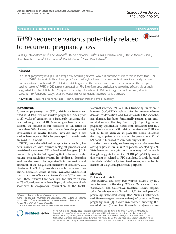 (PDF) THBD sequence variants potentially related to recurrent pregnancy ...