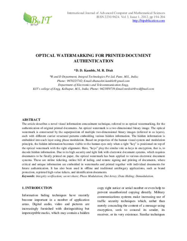 (PDF) Optical Watermarking for Printed Document Authentication