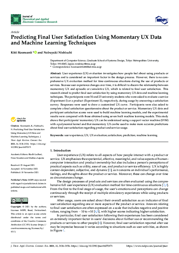 (PDF) Predicting Final User Satisfaction Using Momentary UX Data and Machine Learning Techniques
