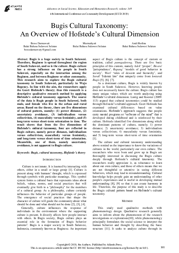 (PDF) Bugis Cultural Taxonomy: An Overview of Hofstede’s Cultural Dimension