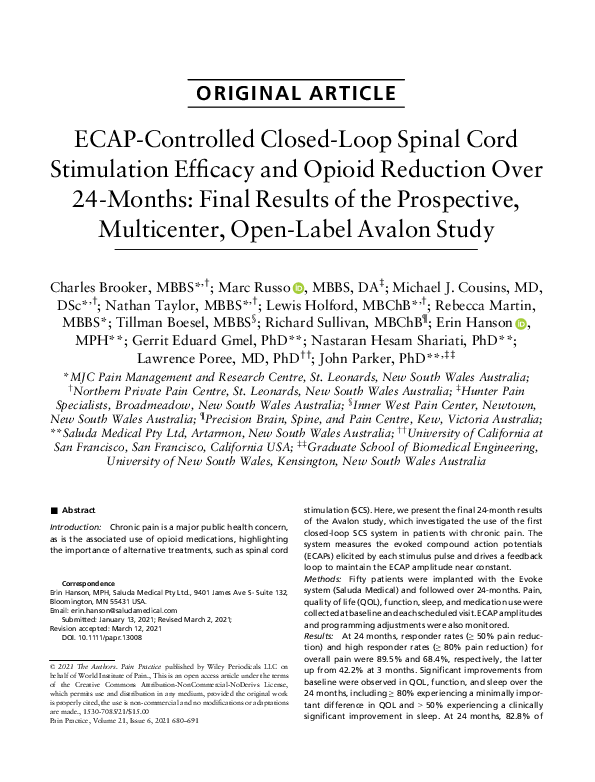(PDF) ECAP‐Controlled Closed‐Loop Spinal Cord Stimulation Efficacy and Opioid Reduction Over 24 ...