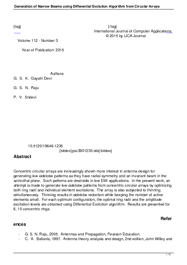 (PDF) Generation of Narrow Beams using Differential Evolution Algorithm from Circular Arrays