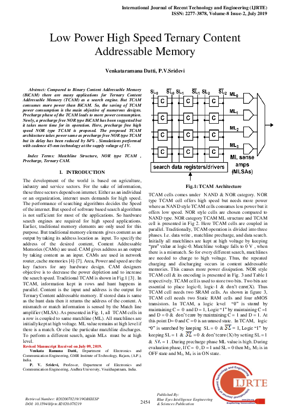 (PDF) Low Power High Speed Ternary Content Addressable Memory
