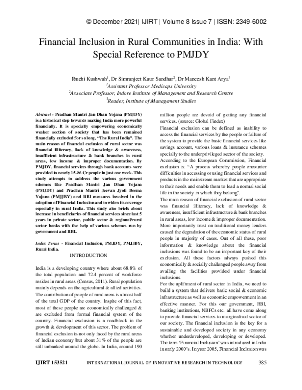 (PDF) Financial Inclusion in Rural Communities in India: With Special ...