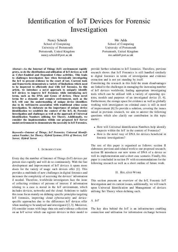(PDF) Identification of IoT Devices for Forensic Investigation