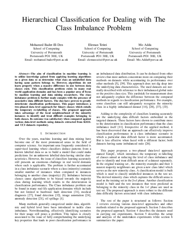 (PDF) Hierarchical classification for dealing with the Class imbalance problem