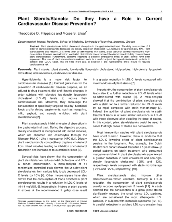 (PDF) Plant Sterols/Stanols: Do they have a Role in Current ...