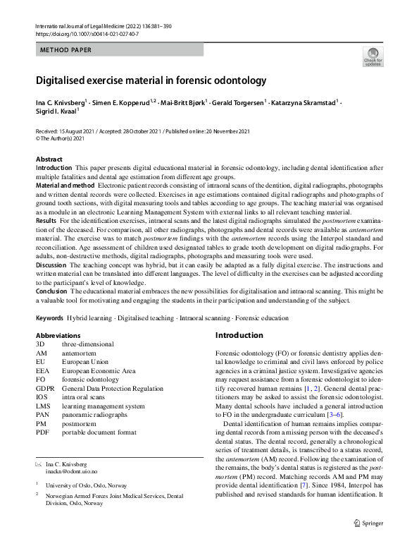 (PDF) Digitalised exercise material in forensic odontology