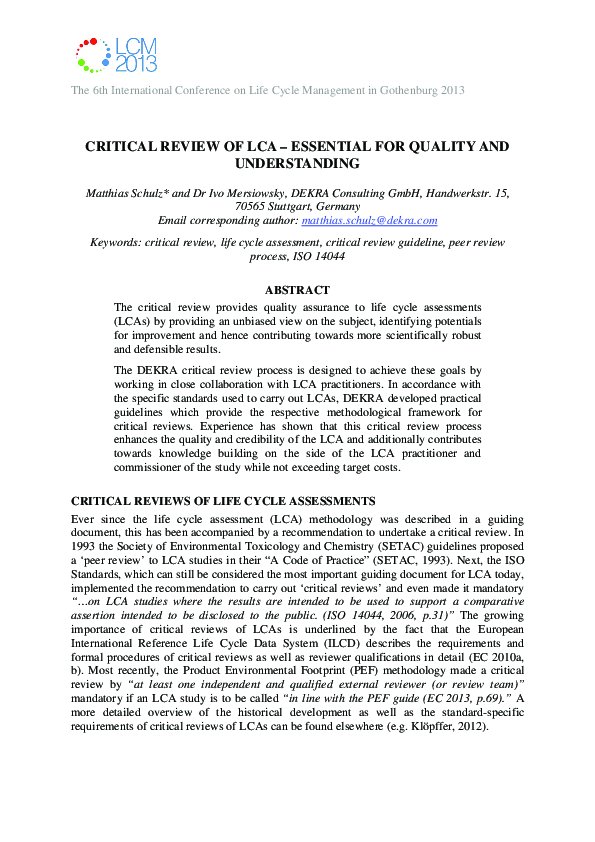 (PDF) Critical Review of Lca – Essential for Quality and Understanding