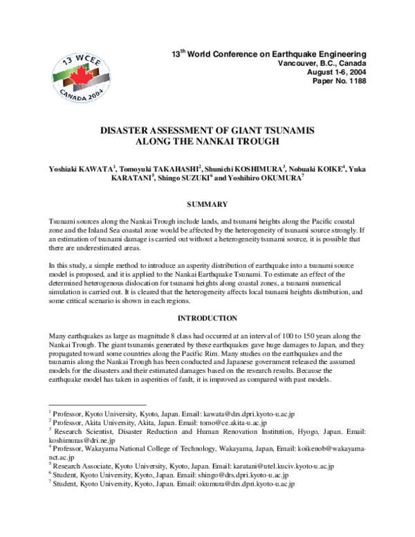 Pdf Disaster Assessment Of Giant Tsunamis Along The Nankai Trough Yoshihiro Okumura