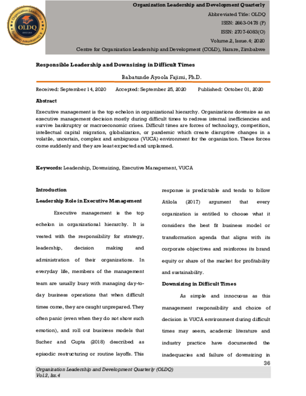 (PDF) Responsible Leadership and Downsizing in Difficult Times
