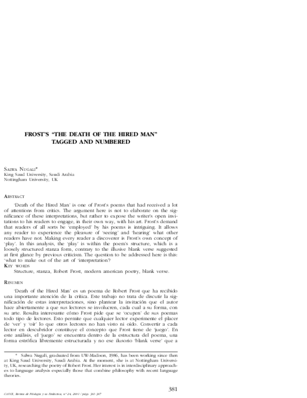 (PDF) Frost's "The death of the hired man" tagged and numbered