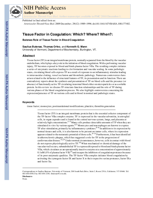 (PDF) Tissue Factor in Coagulation: Which? Where? When? Arterioscler ...
