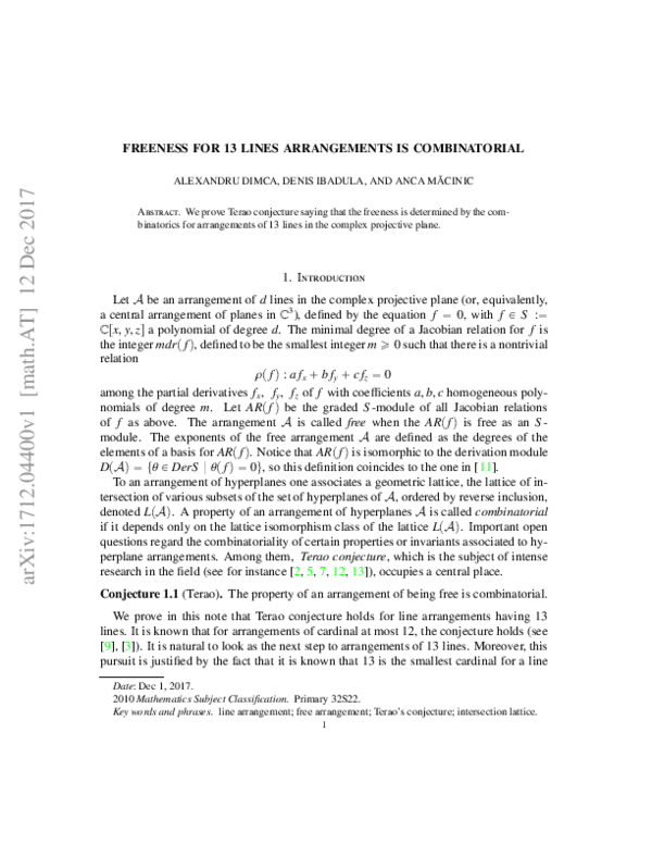(PDF) Freeness and near freeness are combinatorial for line arrangements in small degrees