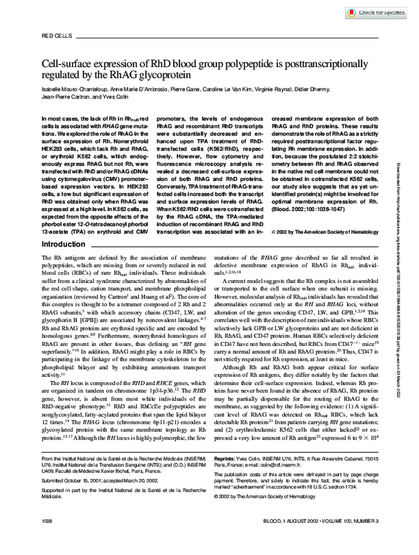 (PDF) RhD Expression Regulated by RhAG Glycoprotein