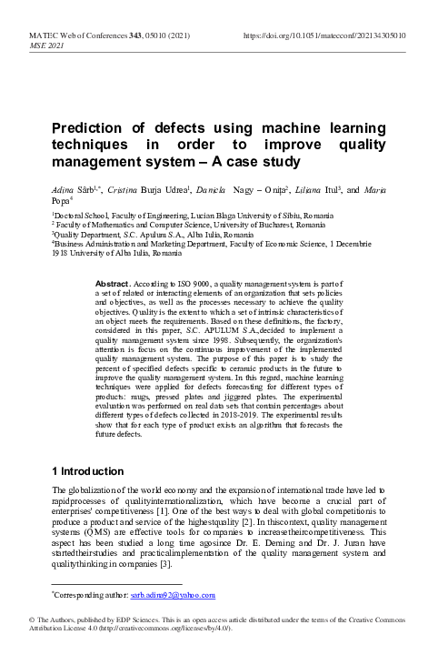 Pdf Prediction Of Defects Using Machine Learning Techniques In Order To Improve Quality
