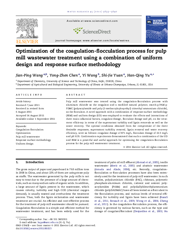 (PDF) Optimization of the coagulation-flocculation process for pulp mill wastewater treatment ...