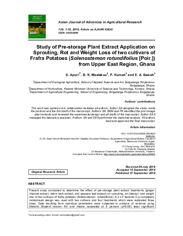 (PDF) Study of Pre-storage Plant Extract Application on Sprouting, Rot ...