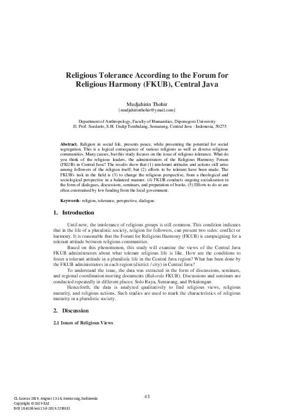 (PDF) Religious Tolerance According to the Forum for Religious Harmony ...