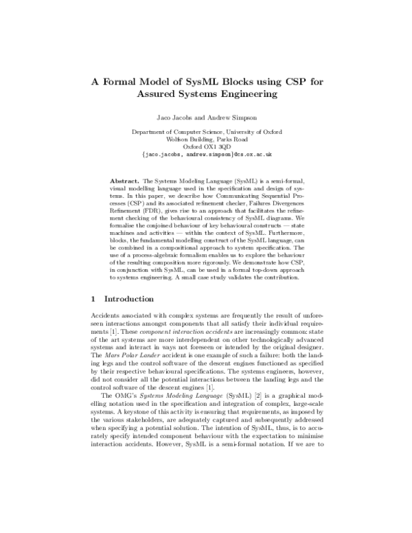 (PDF) A Formal Model of SysML Blocks using CSP for Assured Systems ...