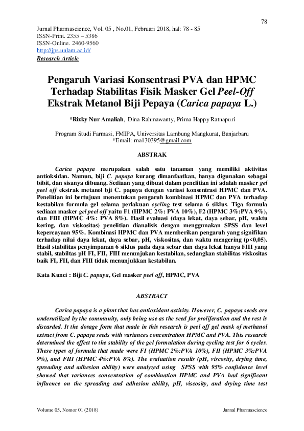 (PDF) Pengaruh Variasi Konsentrasi PVA dan HPMC Terhadap Stabilitas Fisik Masker Gel Peel-Off ...