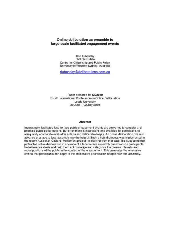 (PDF) Online deliberation as preamble to large-scale facilitated ...
