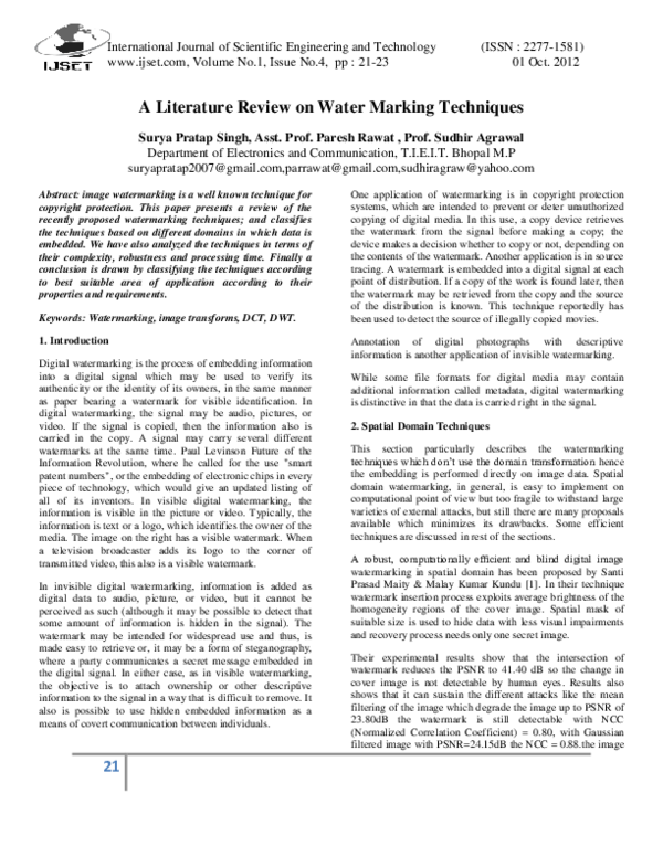 (PDF) A Literature Review on Water Marking Techniques