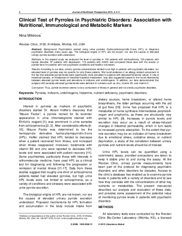 (PDF) Clinical Test of Pyrroles in Psychiatric Disorders: Association ...