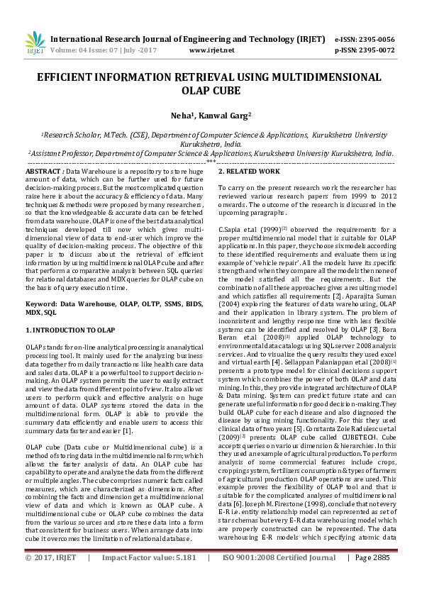 Pdf Efficient Information Retrieval Using Multidimensional Olap Cube