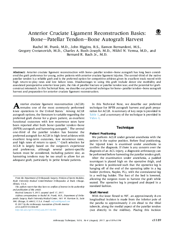 (PDF) Anterior Cruciate Ligament Reconstruction Basics: Bone–Patellar Tendon–Bone Autograft Harvest