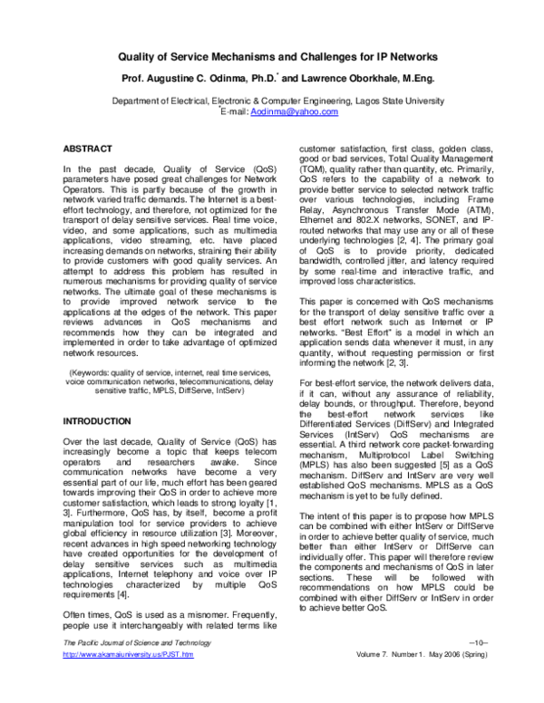 (PDF) Quality of Service Mechanisms and Challenges for IP Networks