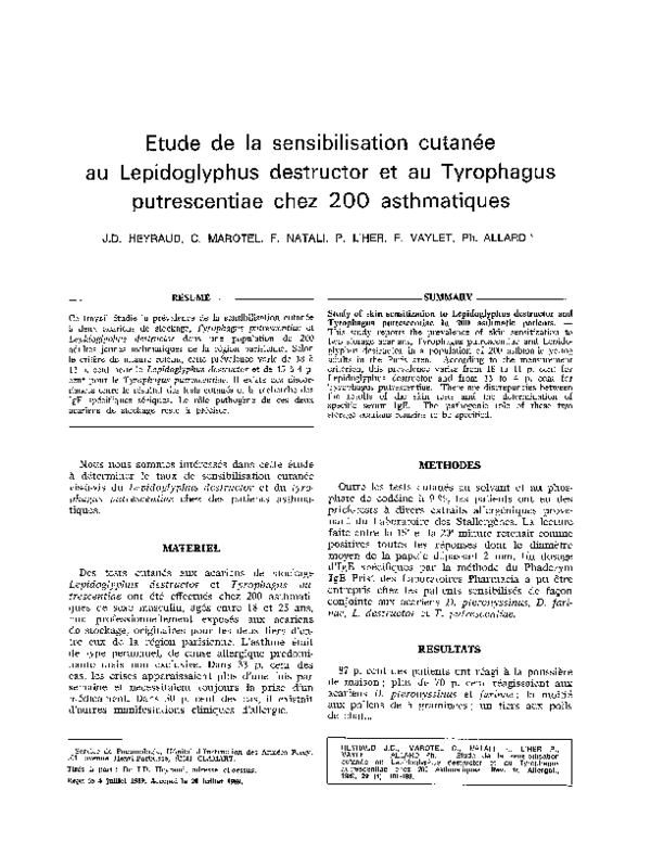 (PDF) Etude de la sensibilisation cutanée au Lepidoglyphus destructor ...