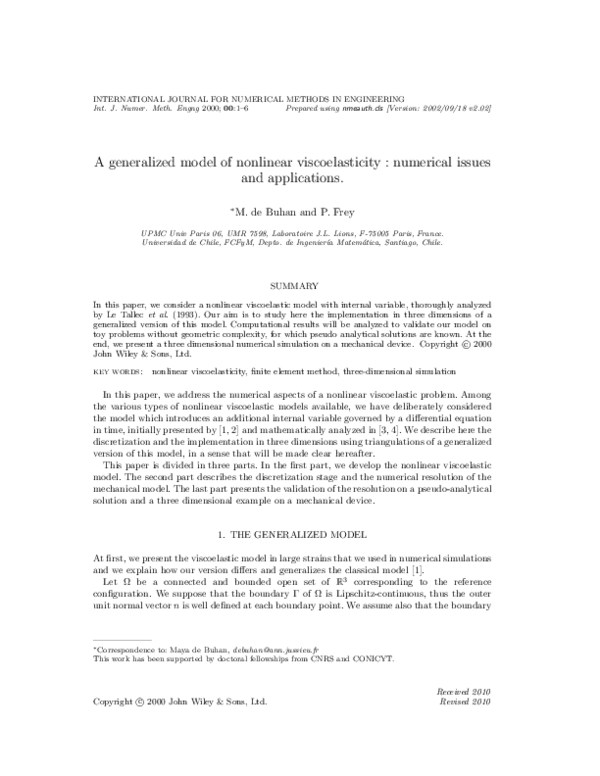 (PDF) A generalized model of non‐linear viscoelasticity: numerical issues and applications