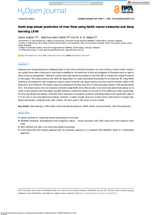 (PDF) Multi-step-ahead prediction of river flow using NARX neural networks and deep learning LSTM