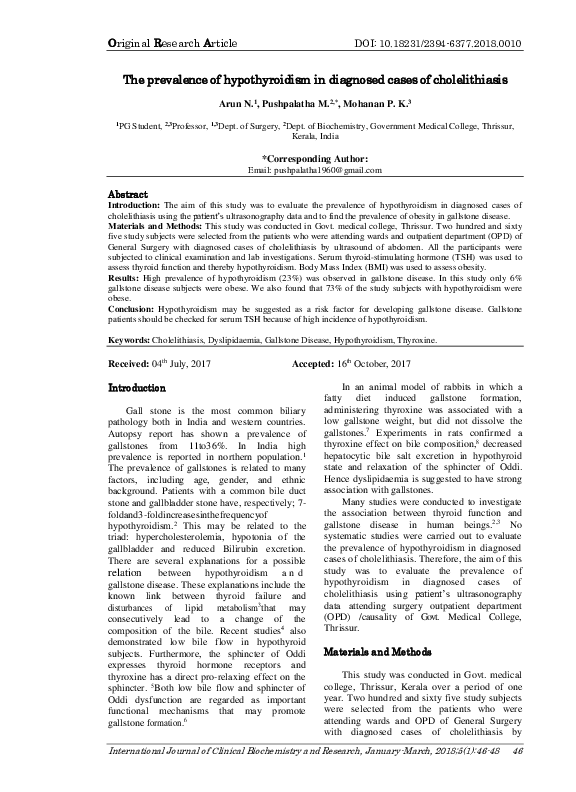 (PDF) The prevalence of hypothyroidism in diagnosed cases of cholelithiasis