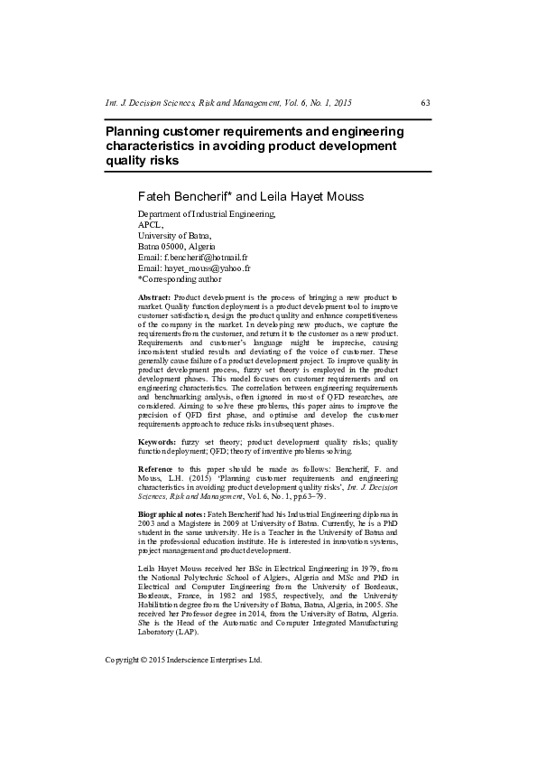 (PDF) Planning customer requirements and engineering characteristics in avoiding product ...